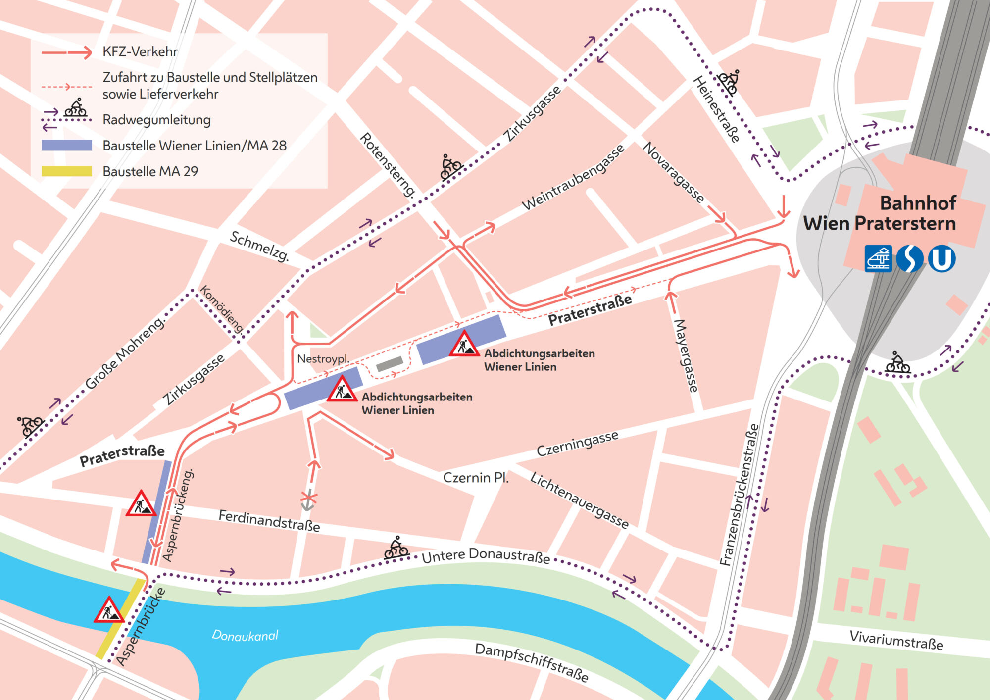 Praterstraße: Radwegebau nimmt Fahrt auf, Umleitung eingerichtet ...